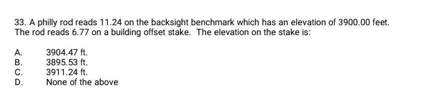 Solved 33. A philly rod reads 11.24 on the backsight | Chegg.com