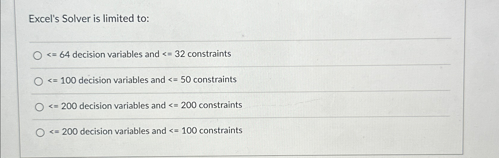 Solved Excel's Solver is limited to:≤64 ﻿decision variables | Chegg.com