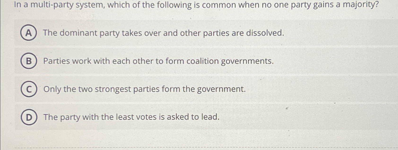 Solved In a multi-party system, which of the following is | Chegg.com