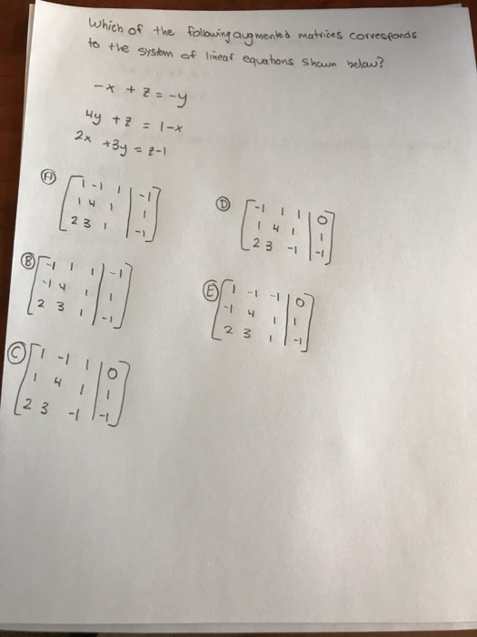 Solved Which of the following augmented matrices corresponds | Chegg.com