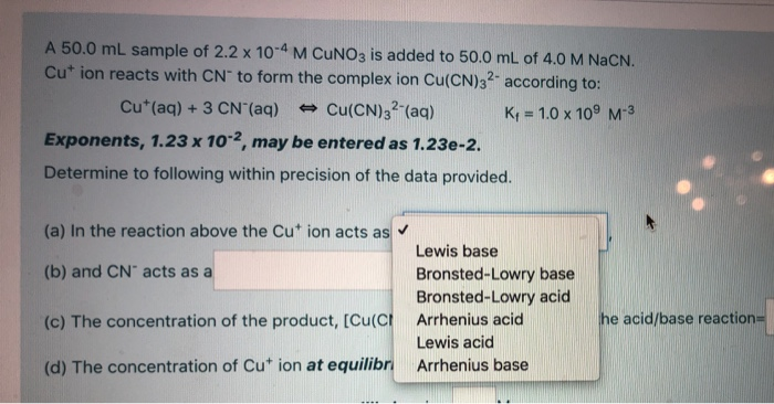 Solved A 50.0 mL sample of 2.2 x 10" M CUNO3 is added to | Chegg.com