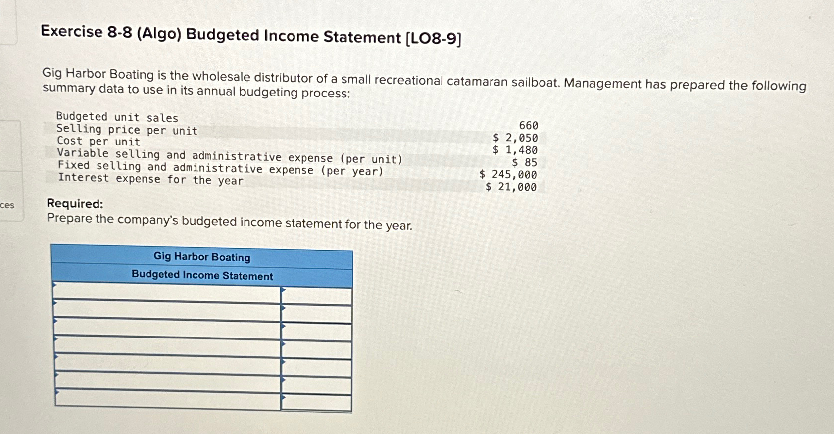 Solved Exercise 8-8 (Algo) ﻿Budgeted Income Statement | Chegg.com