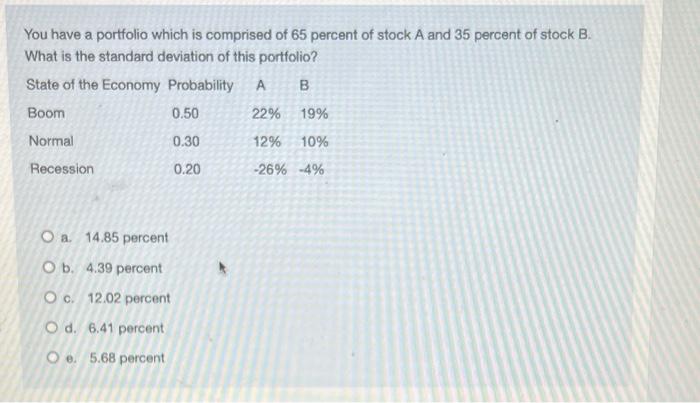 Solved You have a portfolio which is comprised of 65 percent | Chegg.com