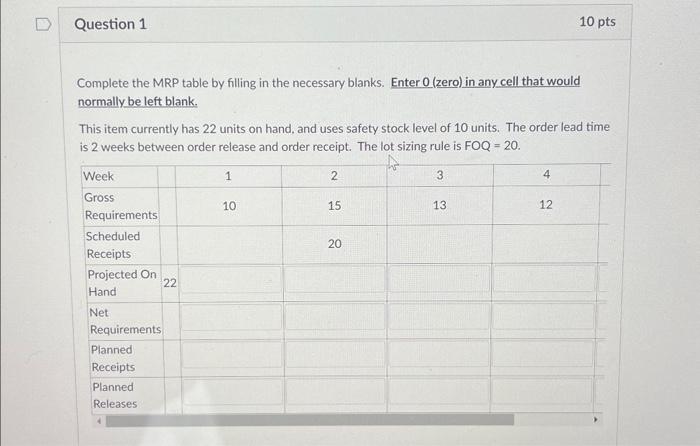 Solved Complete the MRP table by filling in the necessary | Chegg.com