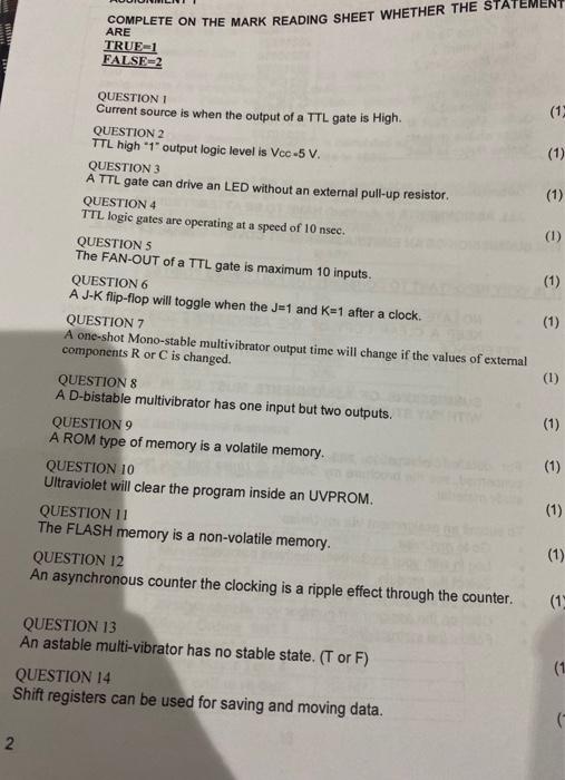 Solved COMPLETE ON THE MARK READING SHEET WHETHER THE STATEM | Chegg.com