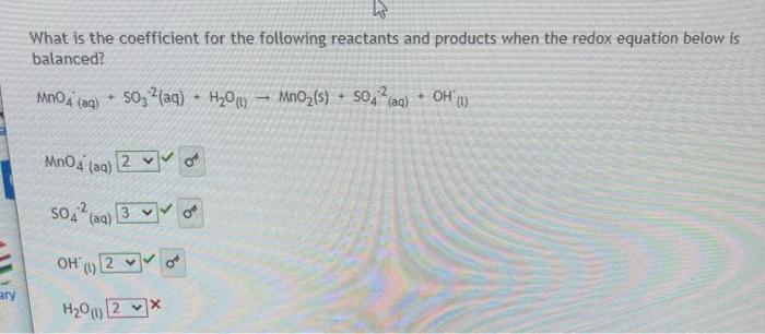 Solved What is the coefficient for the following reactants | Chegg.com