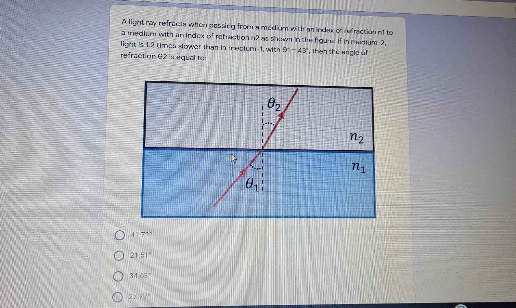 Solved A light ray refracts when passing from a medium with | Chegg.com