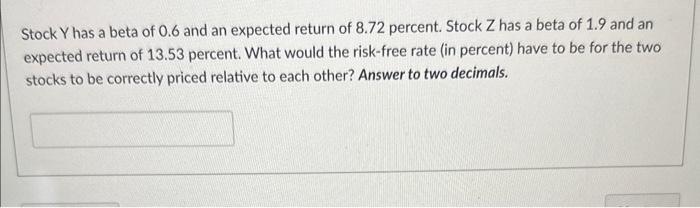 Solved Stock Y has a beta of 0.6 and an expected return of | Chegg.com