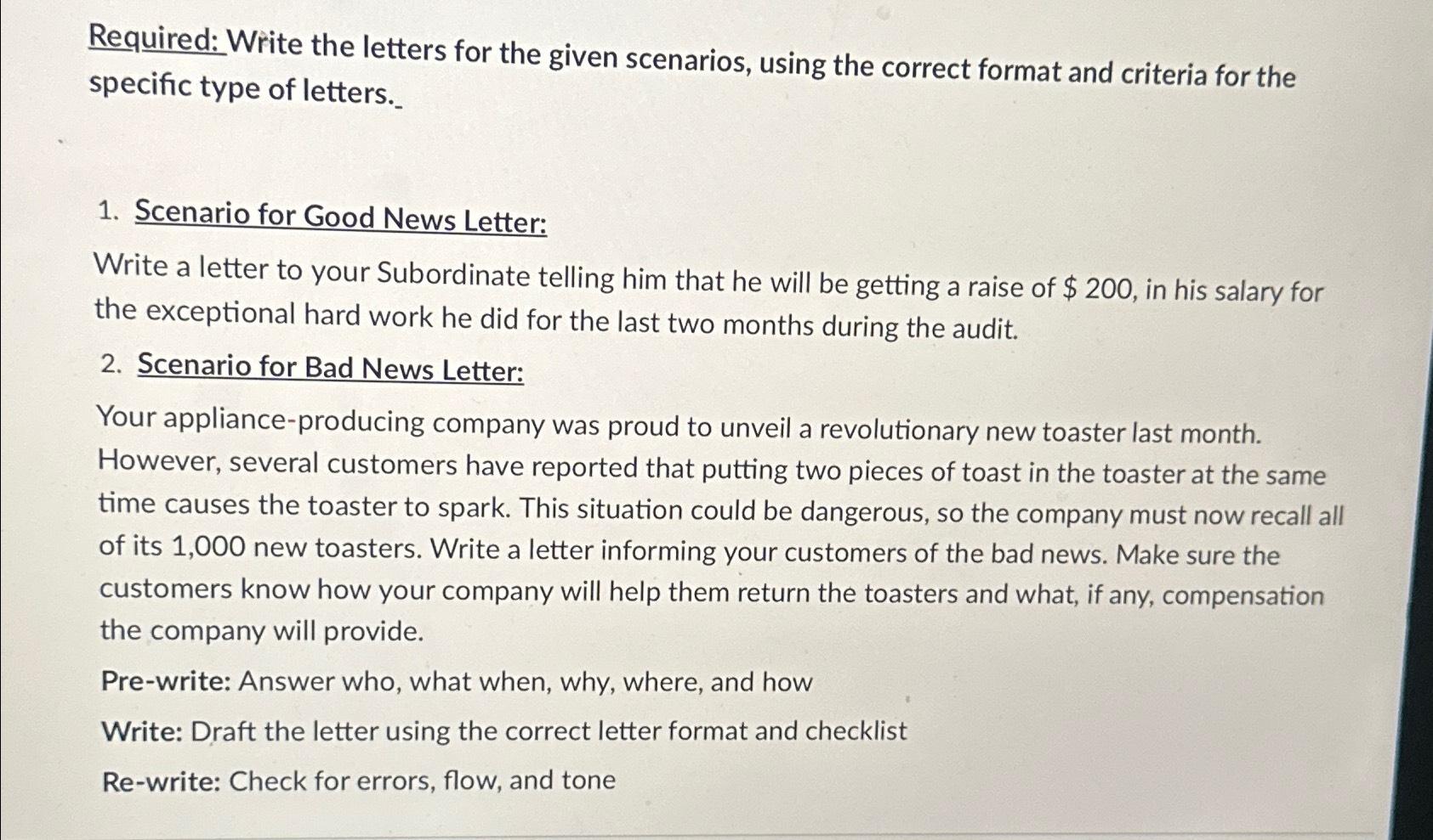 Solved Required: Write the letters for the given scenarios, | Chegg.com