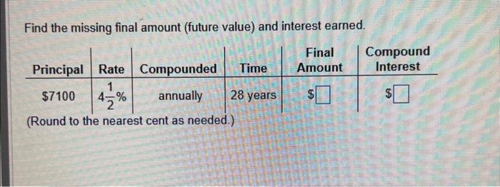 Solved Find the missing final amount (future value) and | Chegg.com