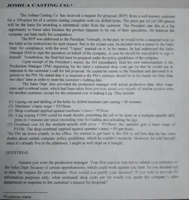 Solved JOSHUA CASTING CO.* The Joshua Casting Co. has | Chegg.com