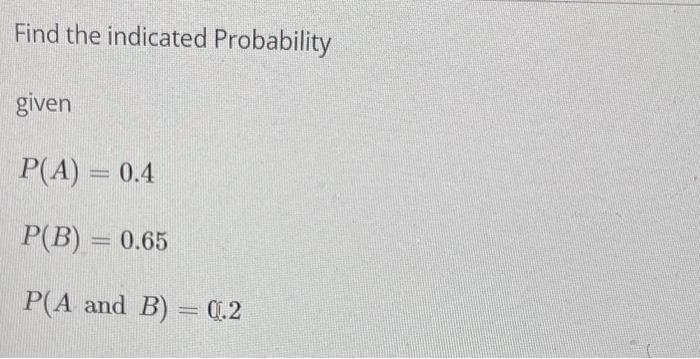 Solved Find the indicated Probability given P(A)=0.4 | Chegg.com