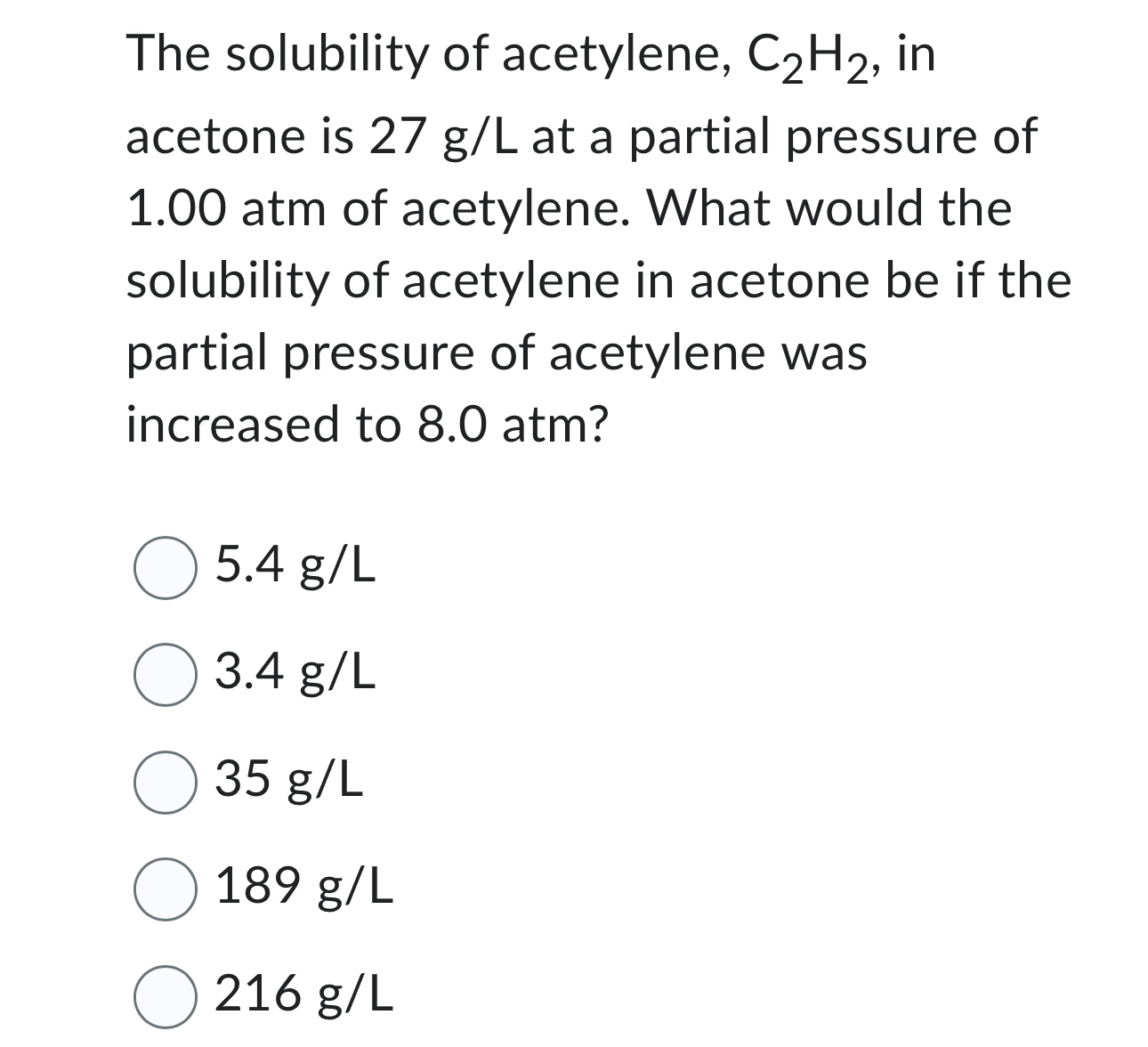 Solved The solubility of acetylene, C2H2, ﻿in acetone is | Chegg.com