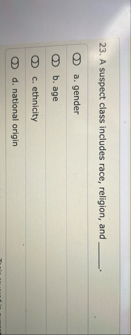 Solved A suspect class includes race, religion, and a. | Chegg.com