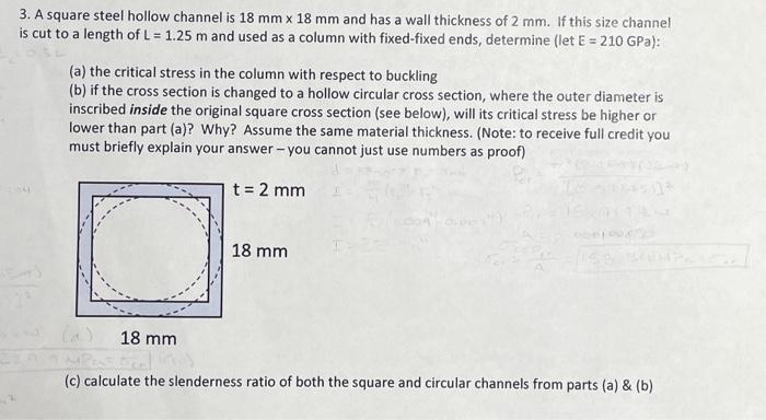 Solved 3. A square steel hollow channel is 18 mm×18 mm and | Chegg.com