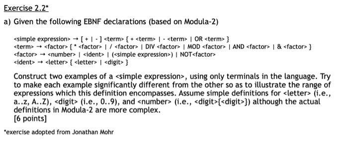 Solved Exercise 2.2* a) Given the following EBNF | Chegg.com