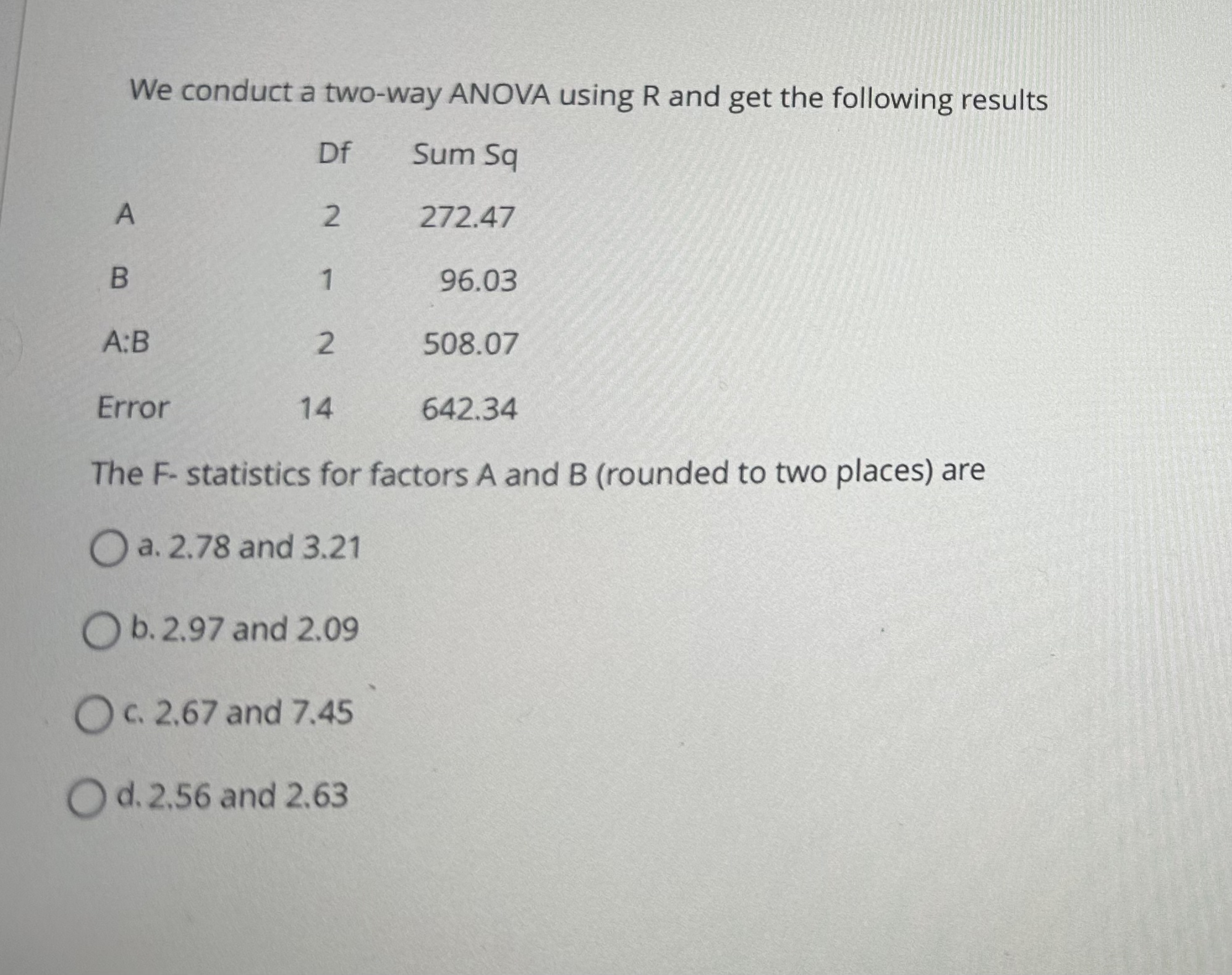 Solved We conduct a two-way ANOVA using R ﻿and get the | Chegg.com