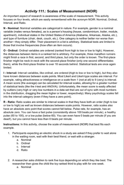 Solved Activity 111.: Scales of Measurement (NOIR)An | Chegg.com