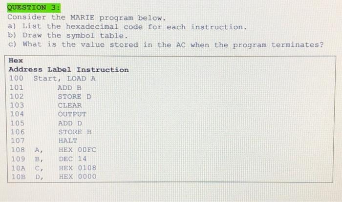 Solved QUESTION 3: Consider the MARIE program below. a) List | Chegg.com