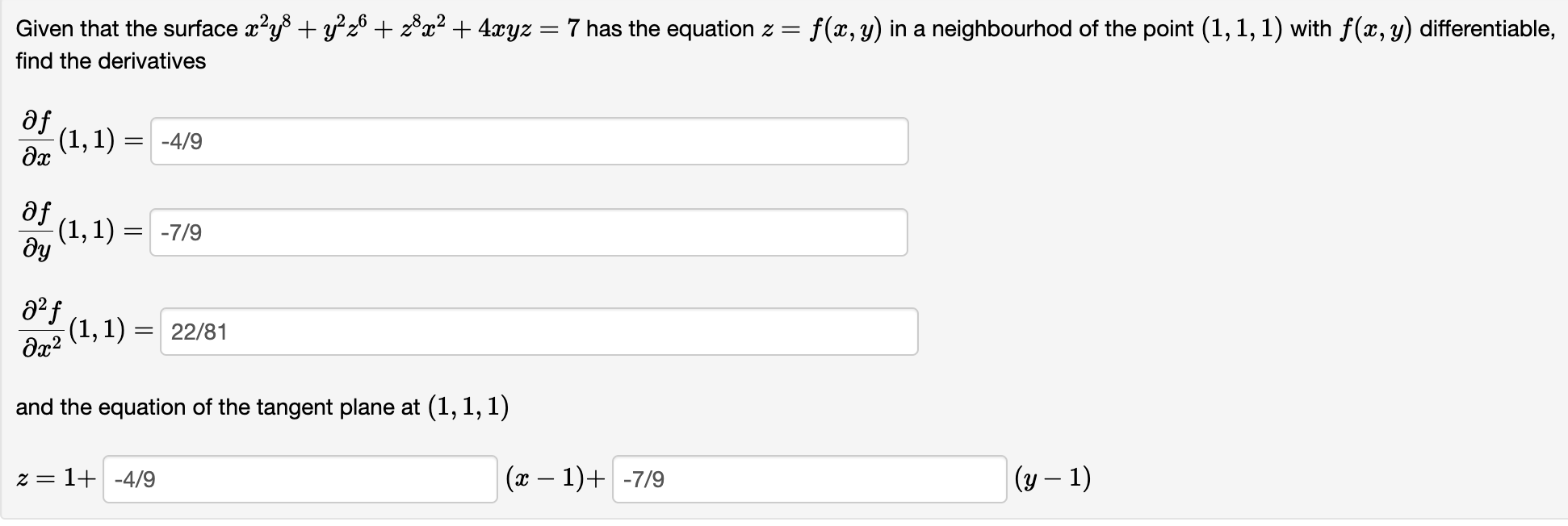 Solved Given that the surface x2y8+y2z6+z8x2+4xyz=7 ﻿has the | Chegg.com
