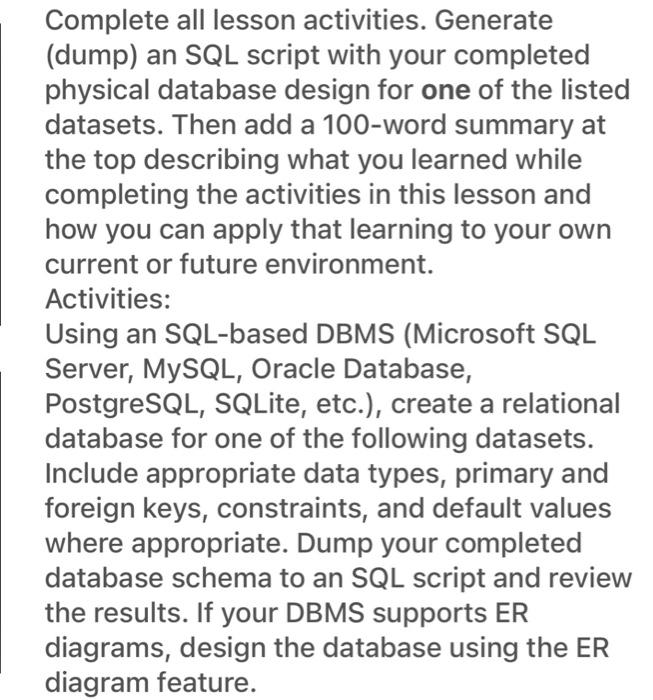 Solved Complete all lesson activities. Generate (dump) an | Chegg.com