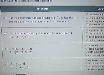 Solved each pair of sets, choose the best description.Pair | Chegg.com