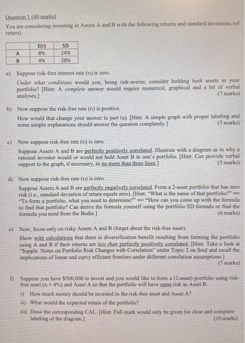 Question 1 ( 40 marks) You are considering investing | Chegg.com