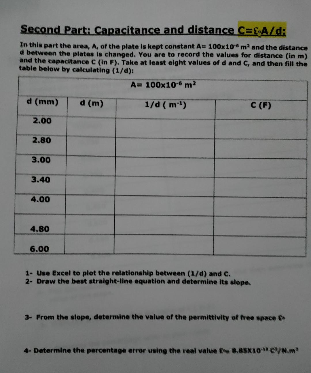 Second Parti Capacitance and distance C=ε0A/d: In | Chegg.com