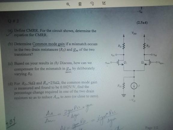 Solved (2.5x4) Define CMRR. For the circuit shown, determine | Chegg.com Solved (2.5x4) Define CMRR. For the circuit shown, determine | Chegg.com