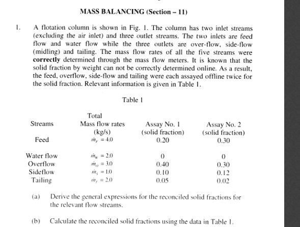 MASS BALANCING (Section - 11) A flotation column is | Chegg.com