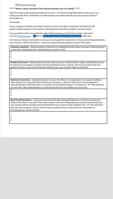 Solved SPIN Questioning ***Write a quick overview of the | Chegg.com