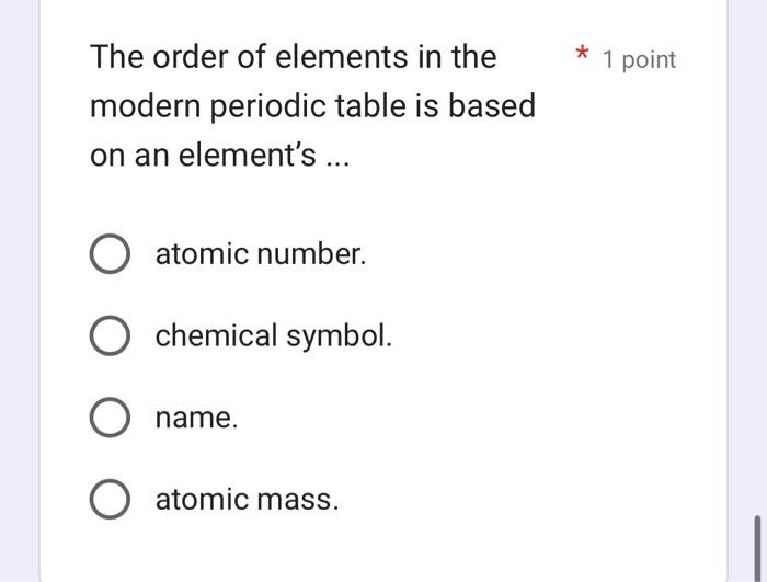 Solved The order of elements in the 1 point modern periodic | Chegg.com