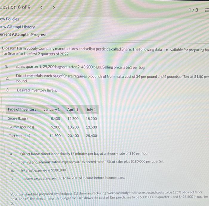 Solved uestion 6 of 9 1/3 TIL ew Policies how Attempt | Chegg.com