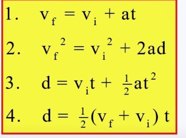 Solved vf=vi+atvf2=vi2+2add=vit+21at2 d=21(vf+vi)t2. A | Chegg.com