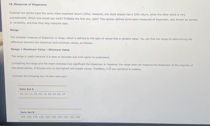 Solved 18. Measures of Dispersion Suppose two stocks have | Chegg.com
