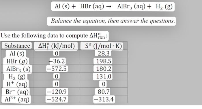Solved Al (s) + HBr (aq) → AlBrz (aq) + H2 (8) Balance the | Chegg.com
