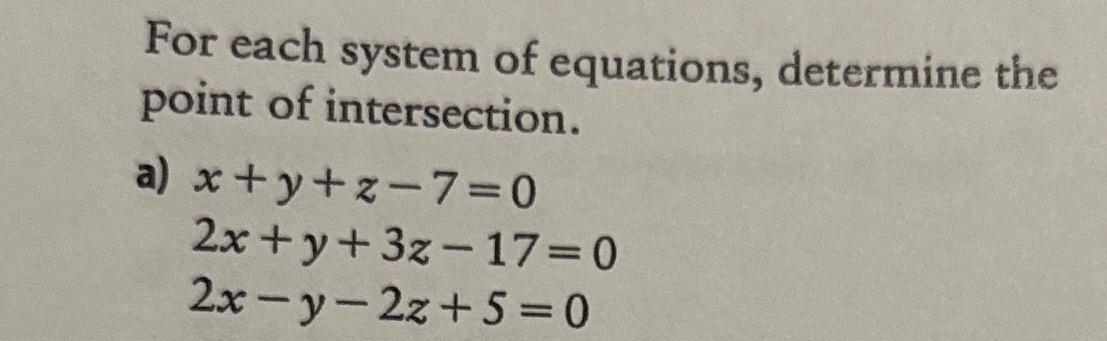 Solved For each system of equations, determine the point of | Chegg.com
