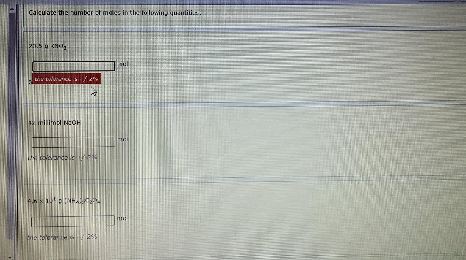 Solved Calculate the number of moles in the following | Chegg.com