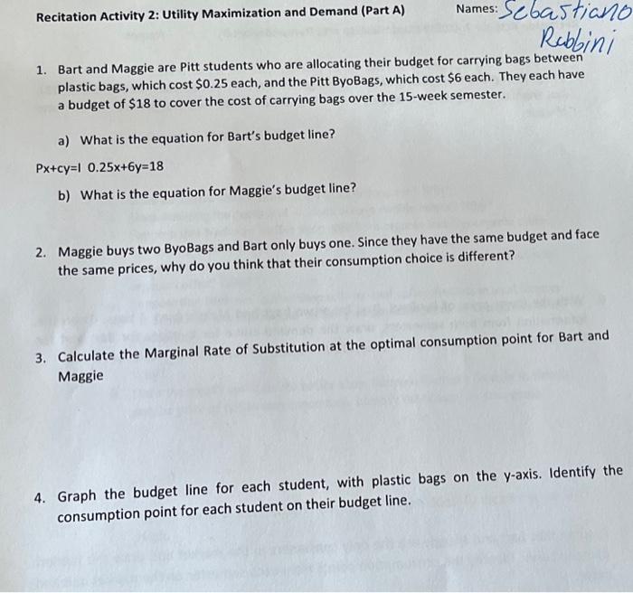 Solved Recitation Activity 2: Utility Maximization and | Chegg.com