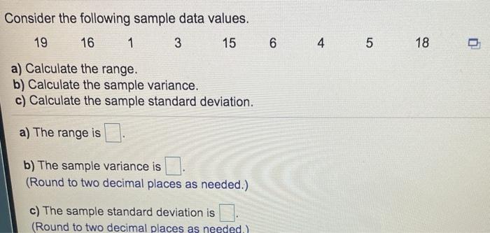 Solved Consider the following sample data values. 19 16 1 3 | Chegg.com