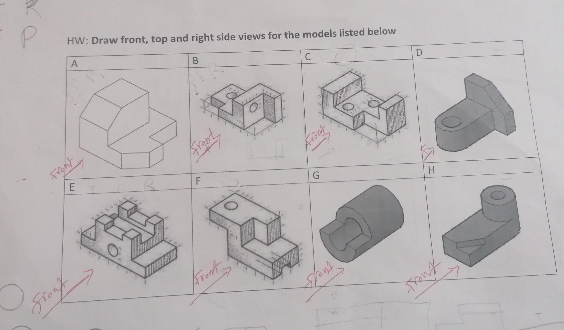 Solved HW: Draw front, top and right side views for the | Chegg.com