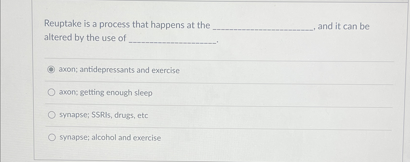 Solved Reuptake is a process that happens at the ﻿and it | Chegg.com