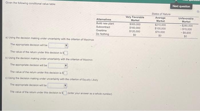 Solved Given the following conditional value table Next | Chegg.com