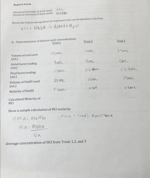 Solved Report Form Chemical formula of acid used: HCL | Chegg.com
