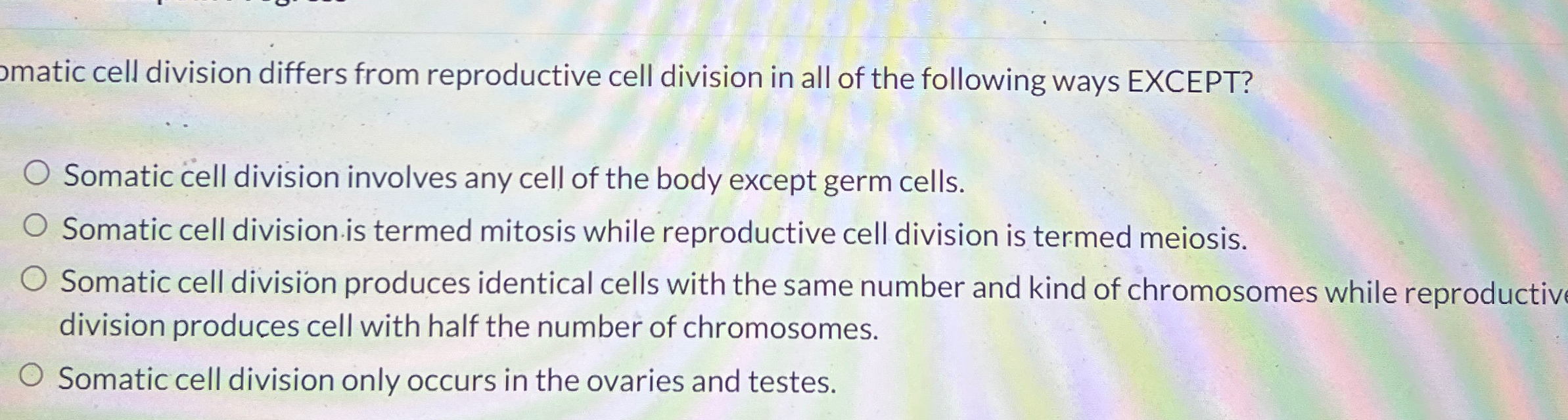 Solved matic cell division differs from reproductive cell | Chegg.com