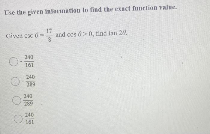 Solved Use the given information to find the exact function | Chegg.com