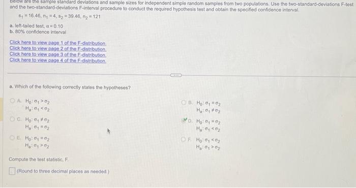 Solved Below are the sample standard deviations and sample | Chegg.com