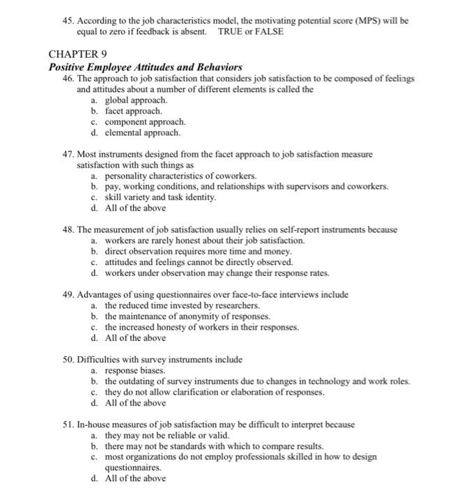 Solved 45. According to the job characteristics model the | Chegg.com