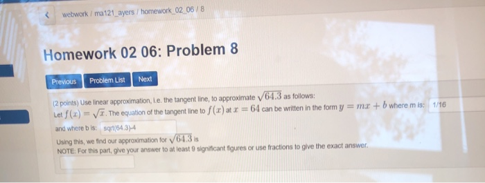 Solved webwork/ma121_ayers / homework_02_06 / 8 Homework 02 | Chegg.com