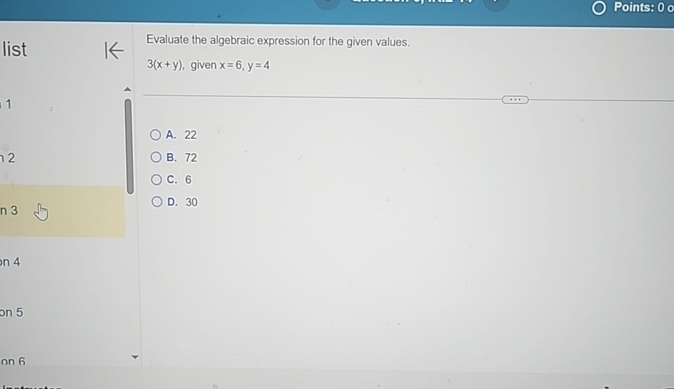 Solved Points: 00Evaluate the algebraic expression for the | Chegg.com